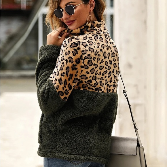 Jackets & Coats | Olive Green Brown Leopard Faux Fur Women Animal Print Zip Front Tops Shirt ...